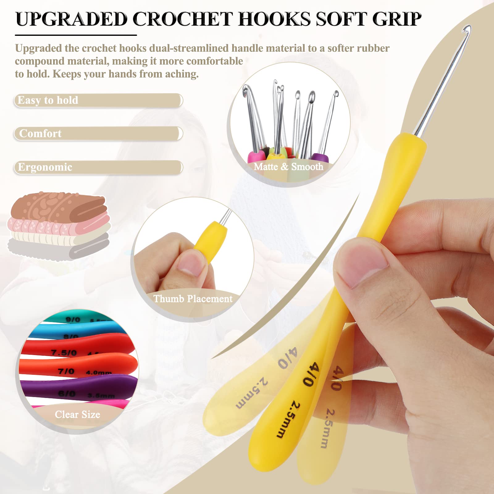Coopay Crochet Hooks Ergonomic Soft Grip Dual-streamlined Handle Crochet Hook Set for Arthritic Hands, 9PCS Aluminum Crochet Needles for Crochet Yarn, Crochet Kit Beginners Knitting Crochet Supplies