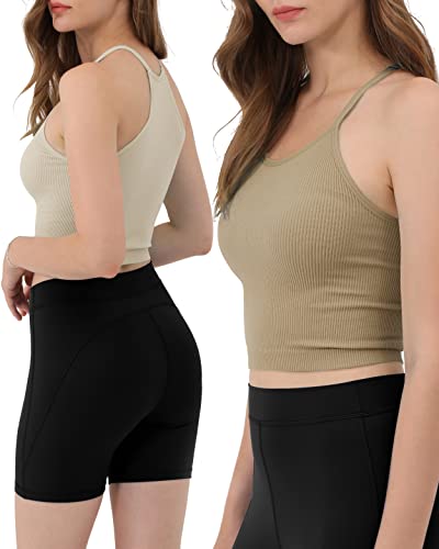 ODODOS Women's Crop 3-Pack Washed Super Soft Lightweight Rib-Knit Camisole Crop Tank Tops, Mushroom Taupe Charcoal, X-Small/Small