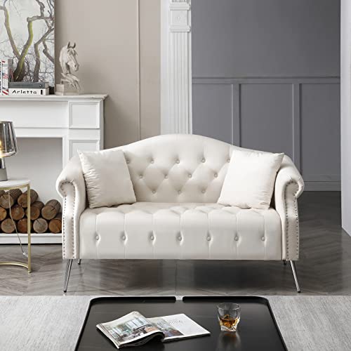 Homtique Velvet Loveseat Sofa for Living Room, Mid Century Modern Sofa Upholstered Button Tufted Rolled Arms and Metal Legs, 59.4" Small Sofa Couches for Small Spaces with 2 Pillows for Bedroom(Beige)