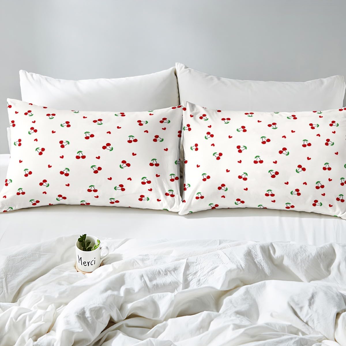 Feelyou Kids Red Cherry Fitted Sheet Twin Size, Cherry Pattern Bed Sheet Set Boys Girls Cute Fruit Bedding Set Kawaii Cartoon Fruit Teens Bed Cover Room Decor Lightweight Bed Set (No Flat Sheet)