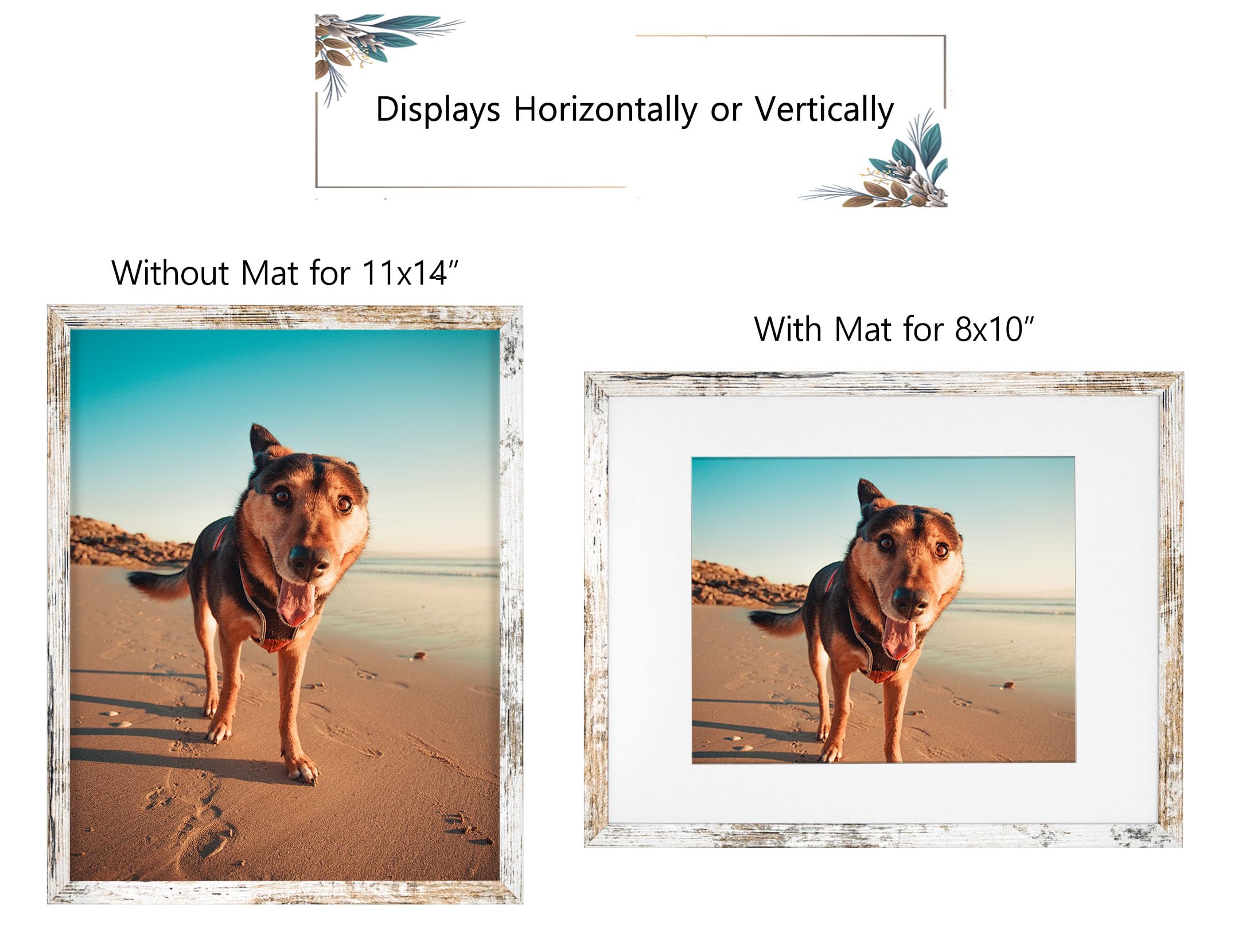 Califortree Rustic White 11x14 Picture Frame - Can Display Photo 8x10 with Mat, Engineered Wood Frame with Shatterproof Plexiglass, Horizontal and Vertical Display for Wall, Set of 2