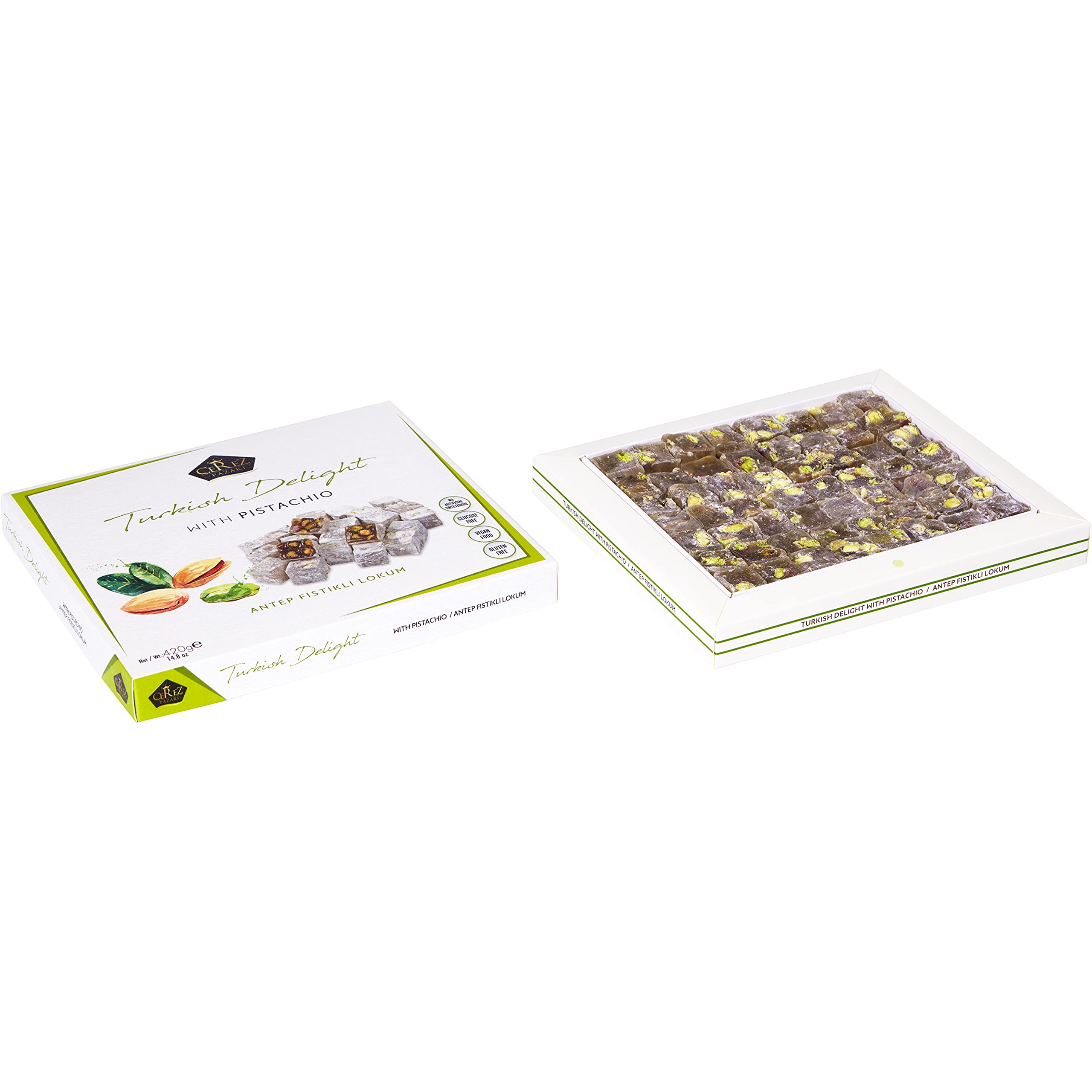 Cerez Pazari Turkish Delight Pistachio Candy Gourmet Premium Vegan Sweets Medium Gift Box 420g | Sweet Luxury Traditional Confectionery Soft Candy Dessert Glucose Free Lokum (Loukoumi) | Apprx.42 Pcs