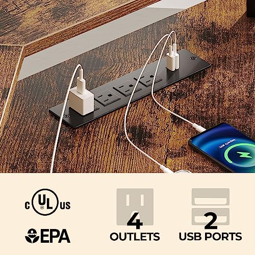 Rolanstar L Shaped Gaming Desk with LED Lights & Power Outlets, 55.1" Computer Desk with Full Monitor Stand & Storage Shelf, Corner Desk with Hooks, Rustic Brown Desk Reversible
