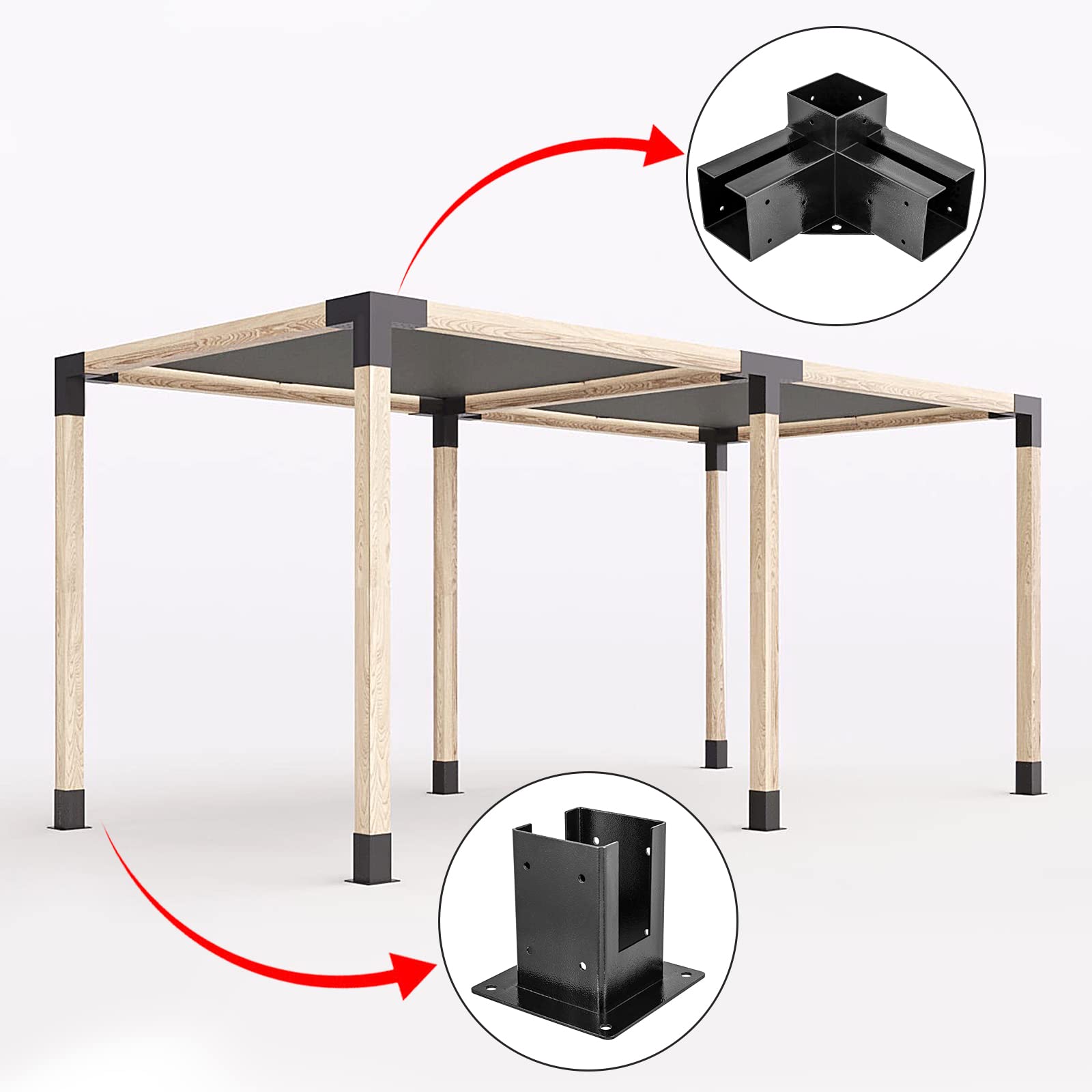 Glossy Black 3-Way Woodwork DIY Pergola Brackets Kit, Elevated Wood Stand Kit with Powder-Coated Steel, Include Extension Brackets & Post Base Brackets| Modular Pergola Kit for 4x4 Wood Post(1 Pair)