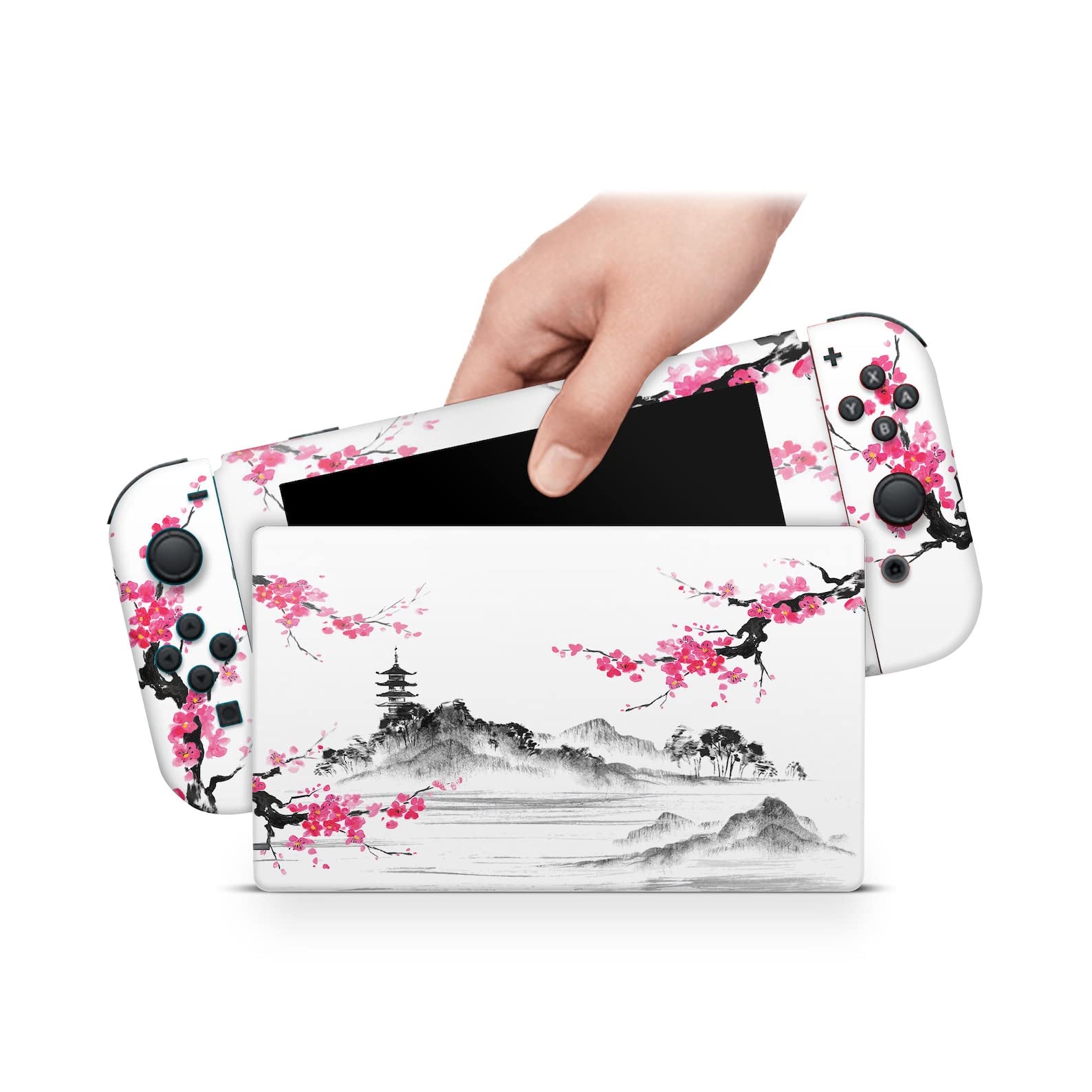 ZOOMHITSKINS Compatible with Switch Skin Anime Cover Japanese Asian Temple Cherry Blossom Flower Nature Pink Samurai 3M Vinyl Decal Sticker Wrap, Made in The USA