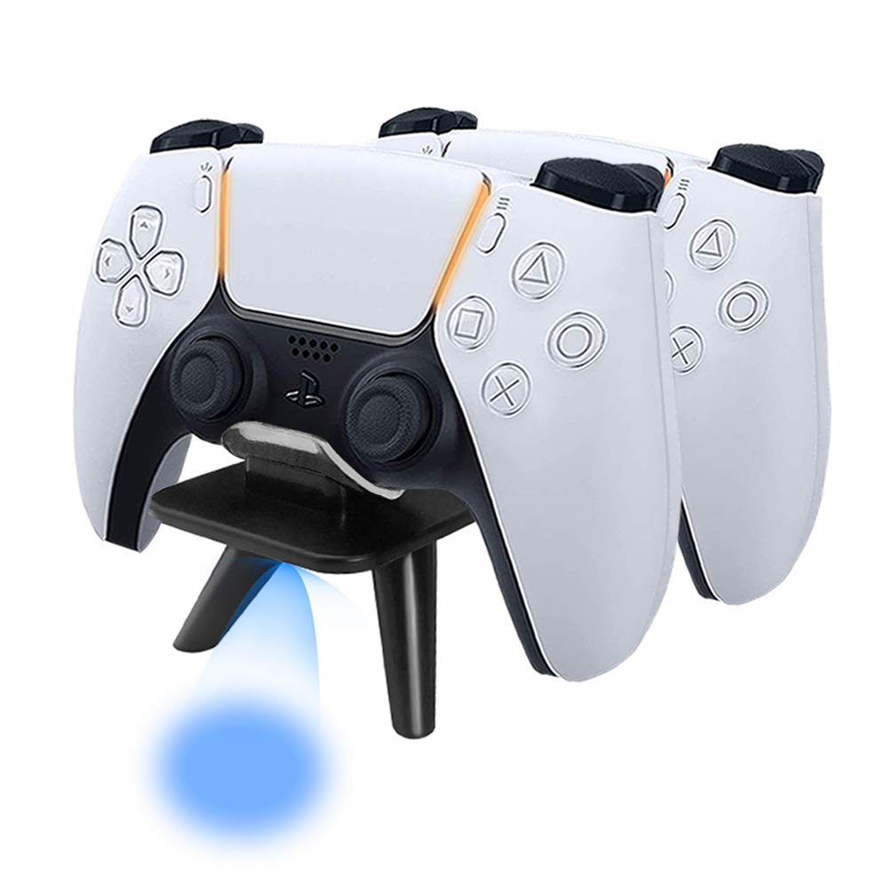 Controller Charger for PS5, Click in Fast Dual Charge Station Stand Dock with Fashion Blue LED Projection Light for Playstation 5 Controllers