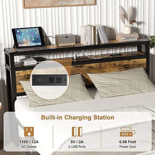 Pliwier Full Bed Frame with Charging Station Headboard, Platform Bed with 2-Tier Storage Shelf, Strong Support Legs, Noise-Free, No Box Spring Needed, Easy Assembly
