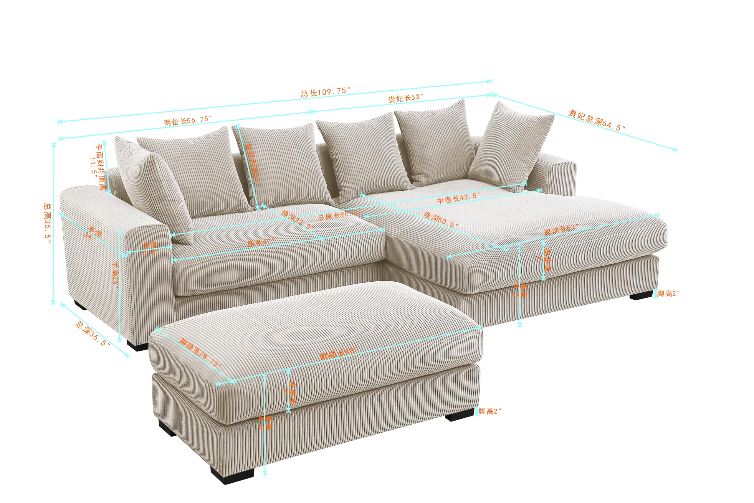ERYE Oversized 3-Piece Right Facing Sectional Sofa Couches W/Ottoman for Living Room, 109.75-Inch L Shaped Corduroy Upholstered Convertible Sofa&Couch with Left Chaise Daybed and 6 Pillows