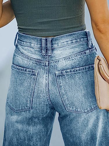 PLNOTME Women's High Waisted Boyfriend Jeans Baggy Wide Leg Ripped Casual Distressed Denim Pants Blue