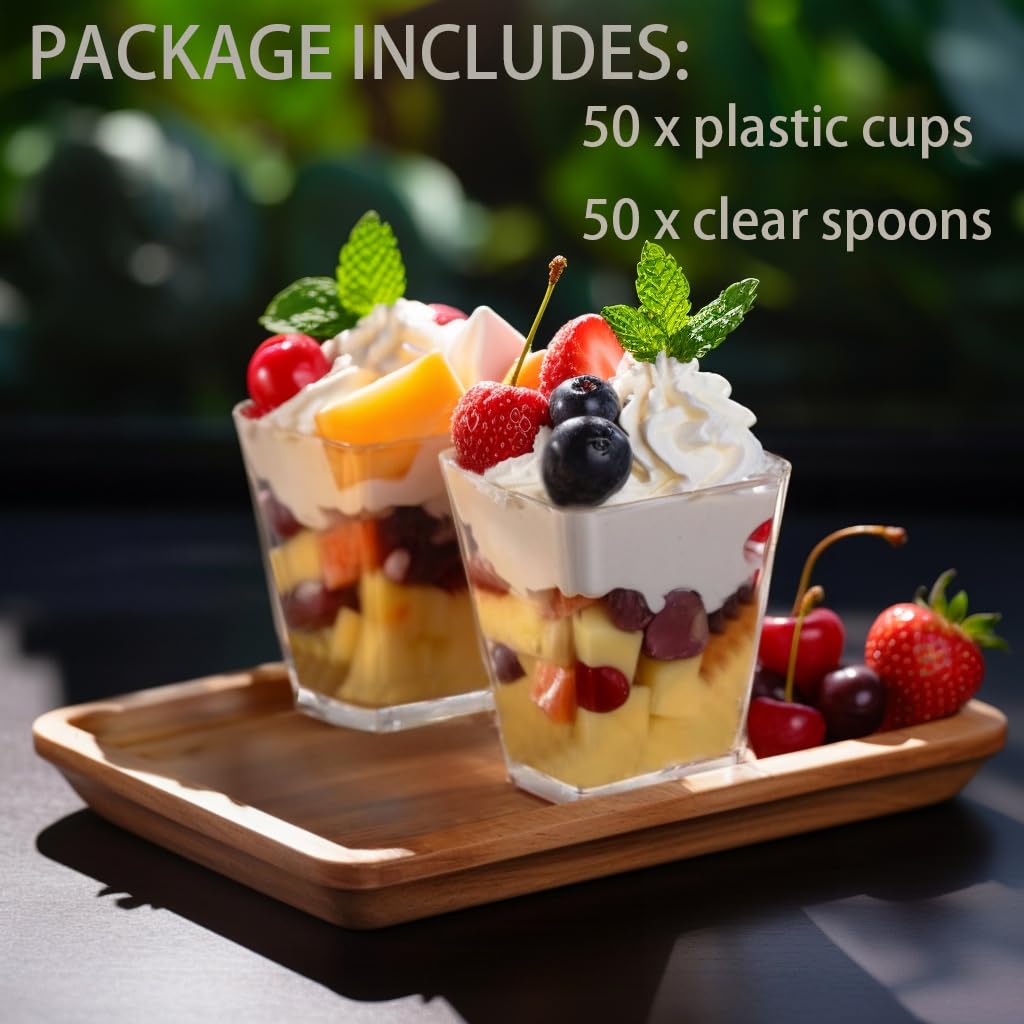 Hiasobre 50Pack 5oz Square Plastic Dessert Cups with Spoons, Reusable Clear Parfait Appetizer Cups, Mini Party Trifle Shooter Serving Cups, Dessert Shot Glasses for Tasting