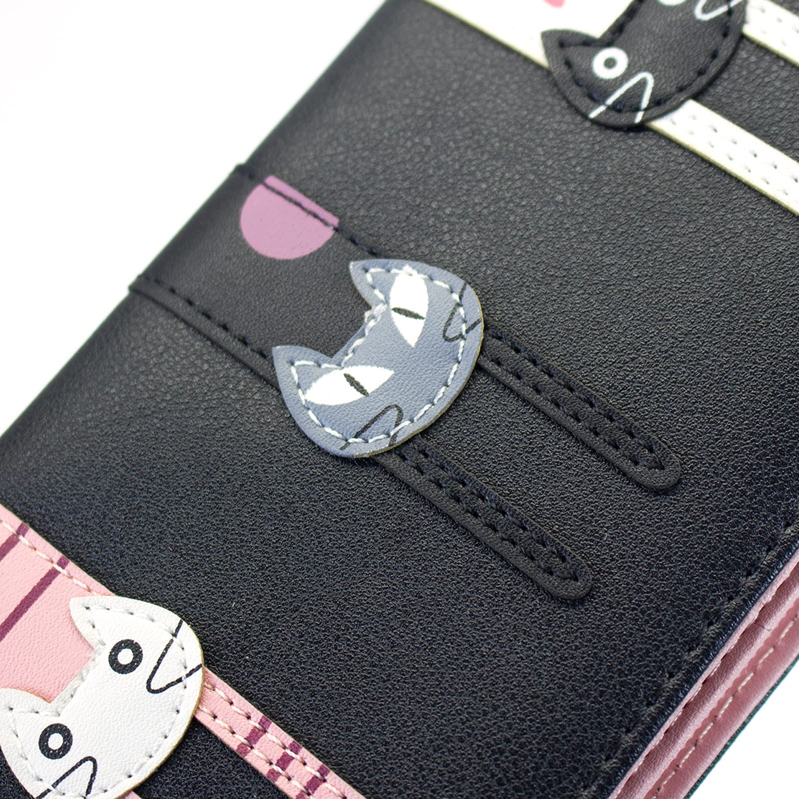 Valentoria® Birthday Gifts for Women's Mini Faux Leather Bifold 3 Cat Design Clutch Wallet (Long Black)