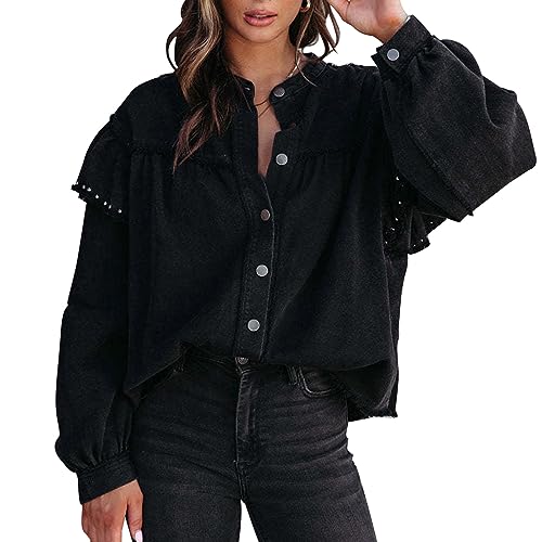 Gerichy Denim Shirt Women Trendy, Denim Shirts for Women Plus Size, Fall Outfits for Women 2023 Trendy, Women's Oversized Denim Jacket Ruffle Sleeve Trendy Denim Shirt Fashion Blouses