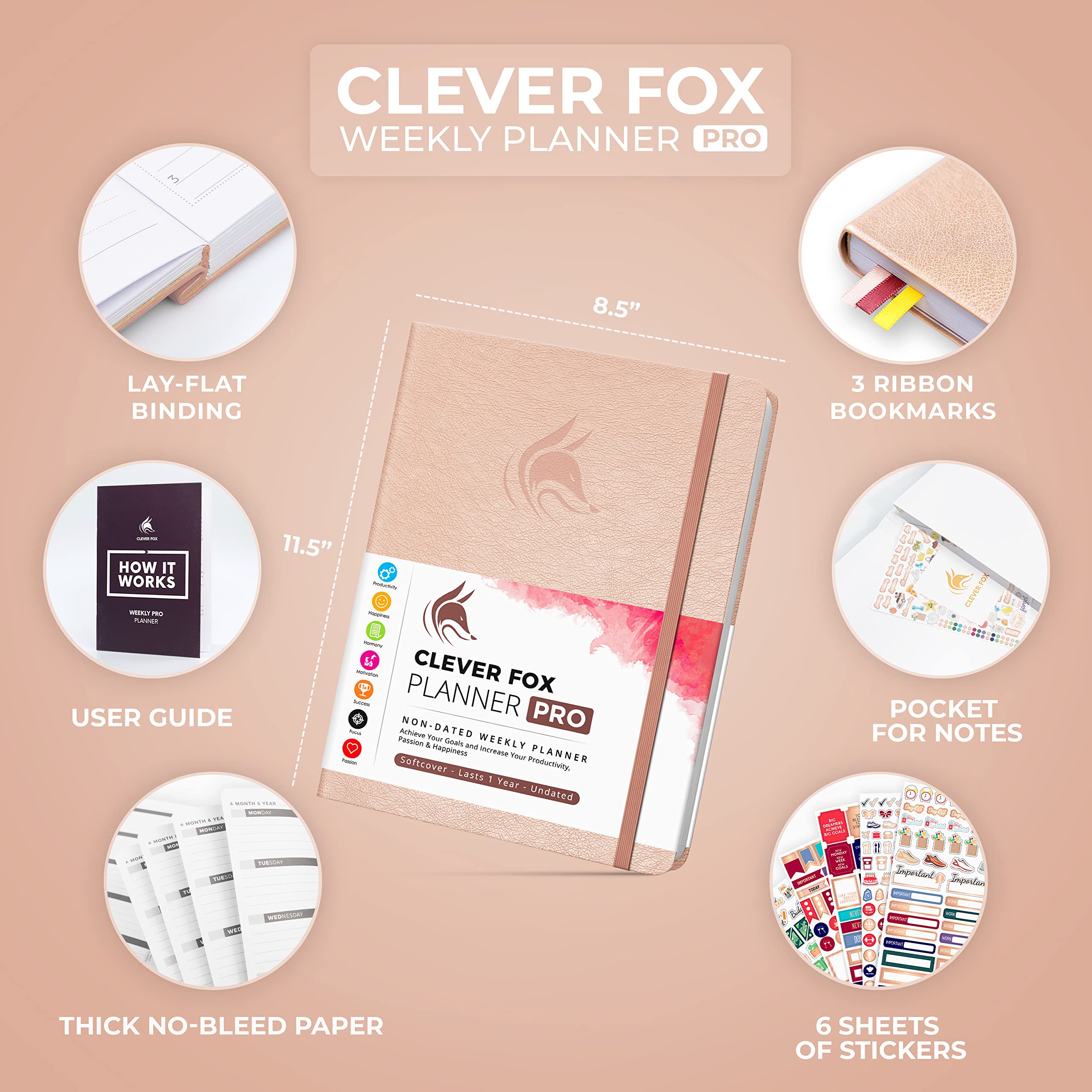 Clever Fox Planner PRO – Weekly & Monthly Life Planner to Increase Productivity, Time Management and Hit Your Goals, 8.5x11″ (Rose Gold)