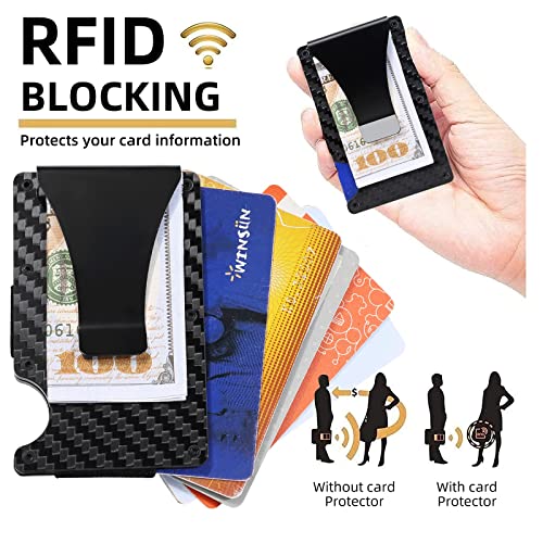 Comkey Minimalist Wallets for Men - Smart Carbon Fiber Wallet - RFID Blocking Front Pocket Credit Card Holder - Aluminum Metal Small Mens Wallets with Cash Strap