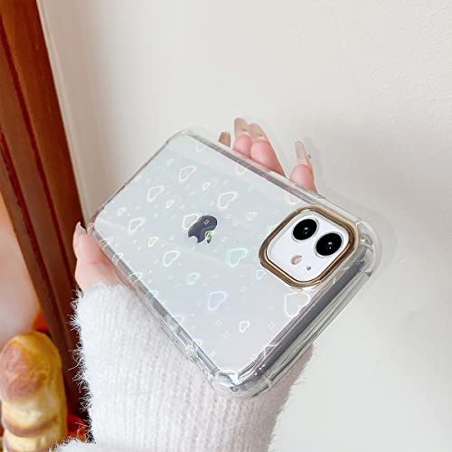 GAN Cheng Compatible with iPhone 11 Case 6.1" 2019 with Screen Protector, Shockproof TPU and Hard PC Cute Bling Glitter Sparkle Protective Case for Women & Girls - Clear Holographic Heart