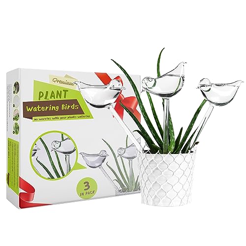 Durable glass Bird Design Watering globes - 3 pack Gift for gardeners, Her or Mom with 3 Water Bulbs, a Funnel + 3 spikes against dirt for Indoor Plants / Watering Bulbs, Water Globes, Home Decoration