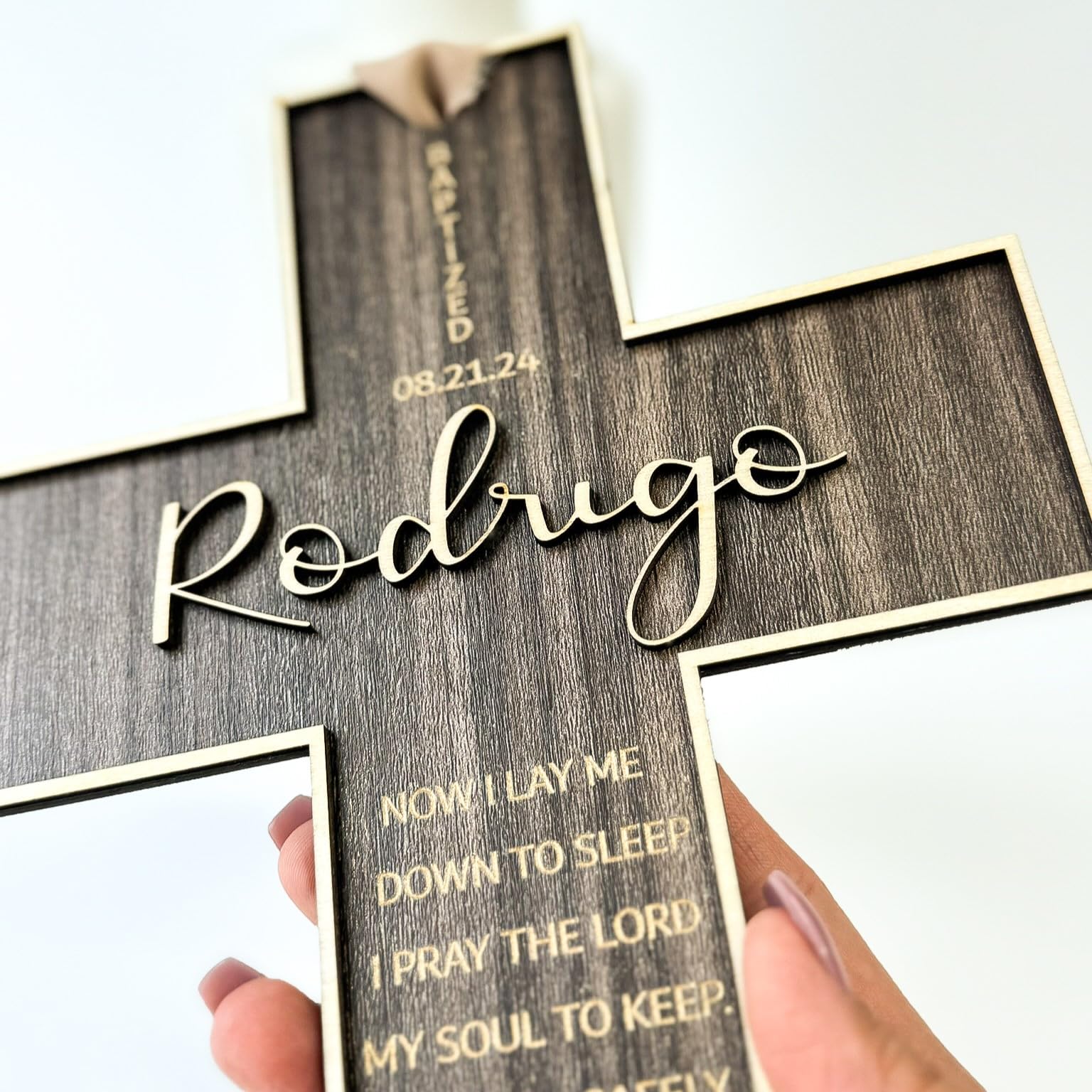 Personalized Engraved Wood Cross, Christian Wooden Cross for Baptism, Holy Communion, Confirmation or Newborn Gift Keepsake with Custom Name and Date with Message (Walnut)