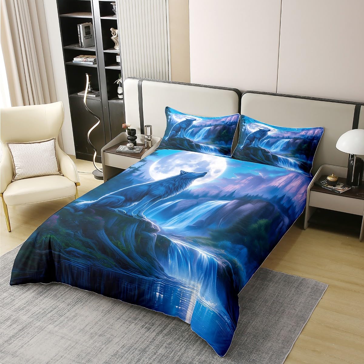 Feelyou Wolf Bedding Set King Size Wolves Howling Comforter Cover Set Animal Wolves 100% Cotton Duvet Cover Mountain Moon Wolf Bedspread Cover Room Black Blue Decor Quilt Cover,No Comforter