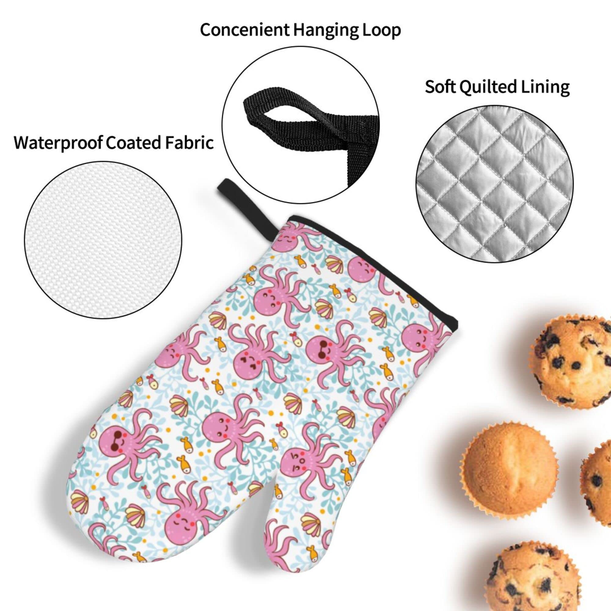 Cute Octopus Oven Mitts and Pot Holders Sets of 4 Heat Resistant Cooking Gloves and Potholders Non-Slip Kitchen Mittens Hot Pads with Hanging Loop for Kitchen Baking BBQ Grilling Picnic