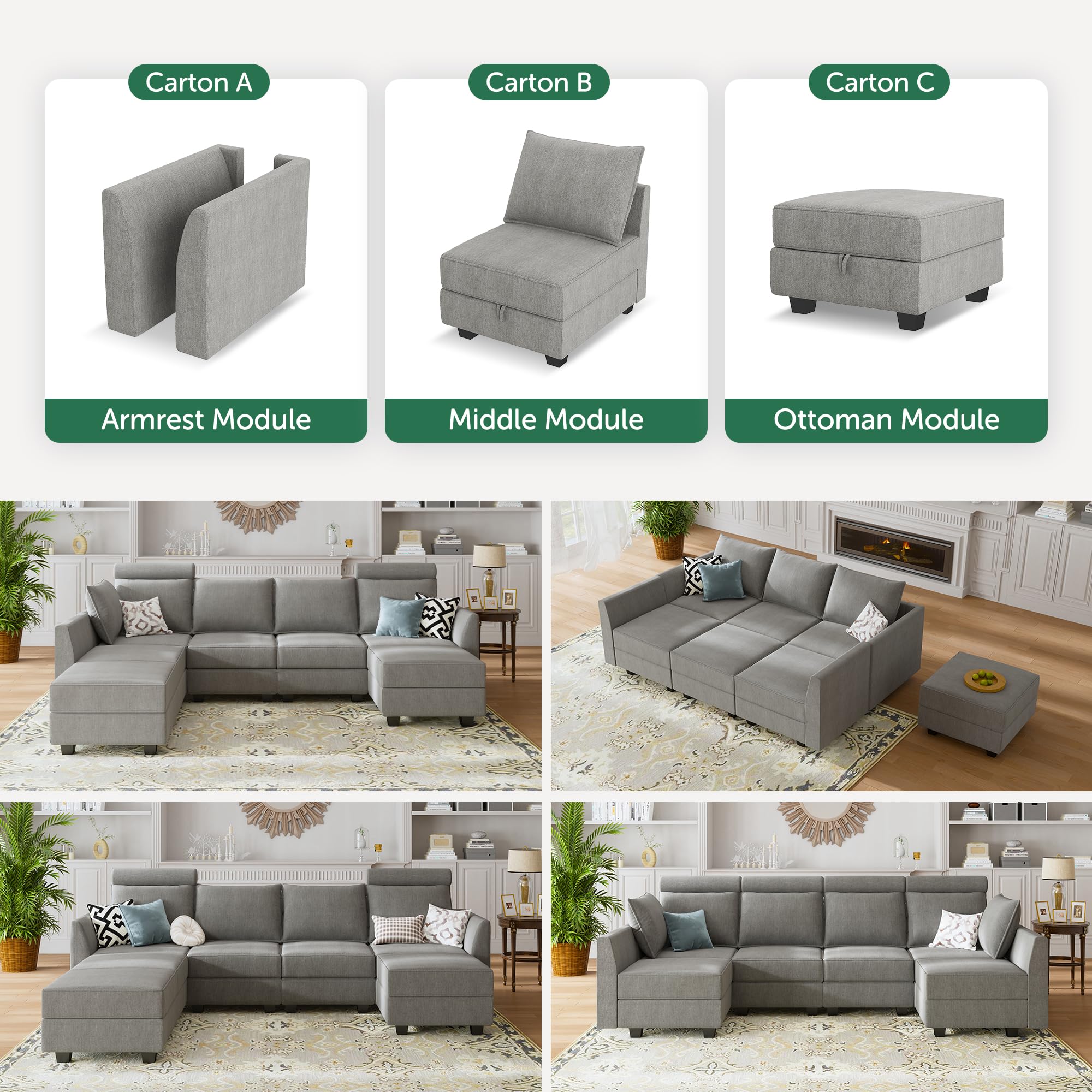 HONBAY Modular Sectional Sofa U Shaped Sectional Couch with Reversible Chaise Modular Sofa with Storage Seats, Grey