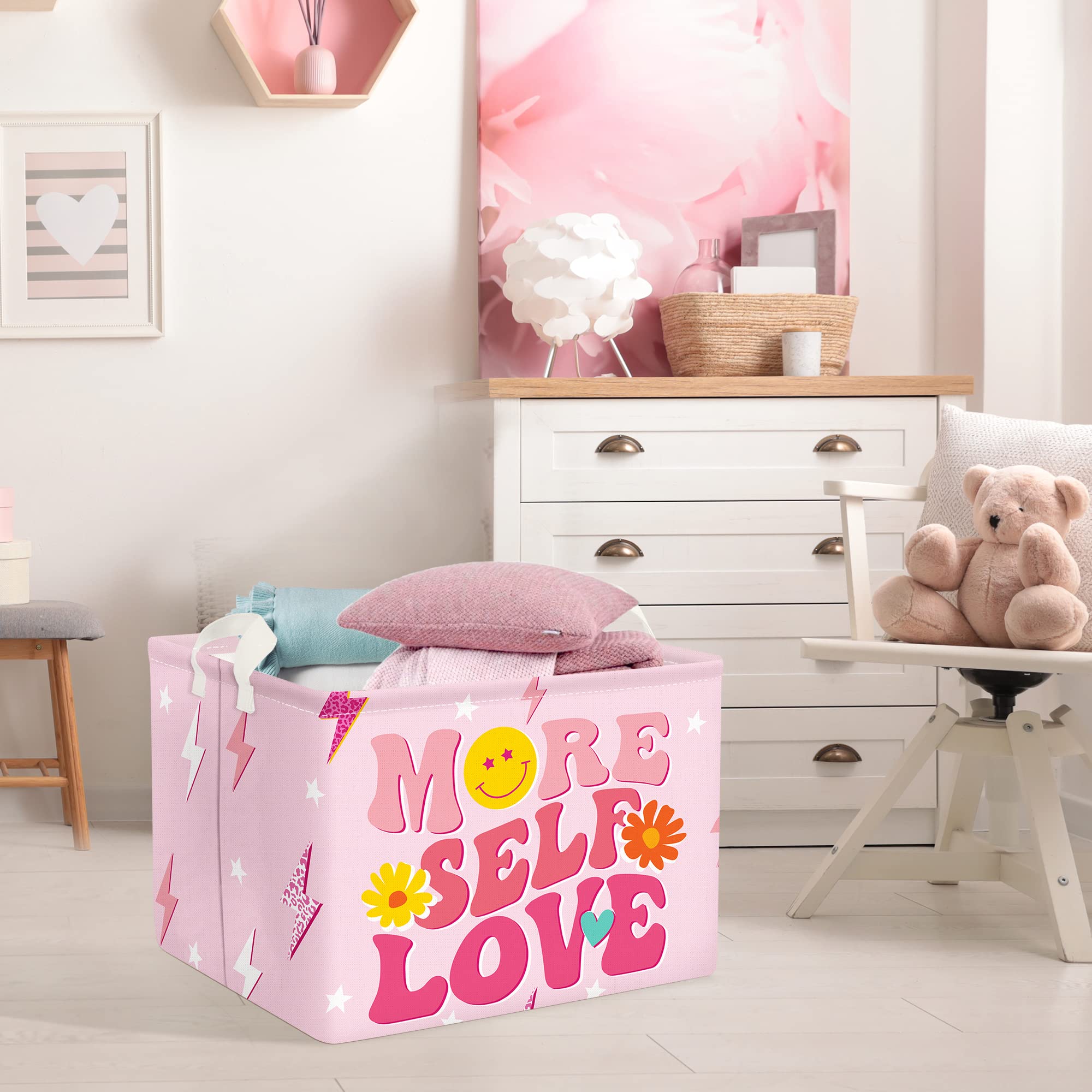 Clastyle Pink Mothers Day Gift Basket Flower Star Love Preppy Shelf Basket Rectangle Clothes Books Toys Chest