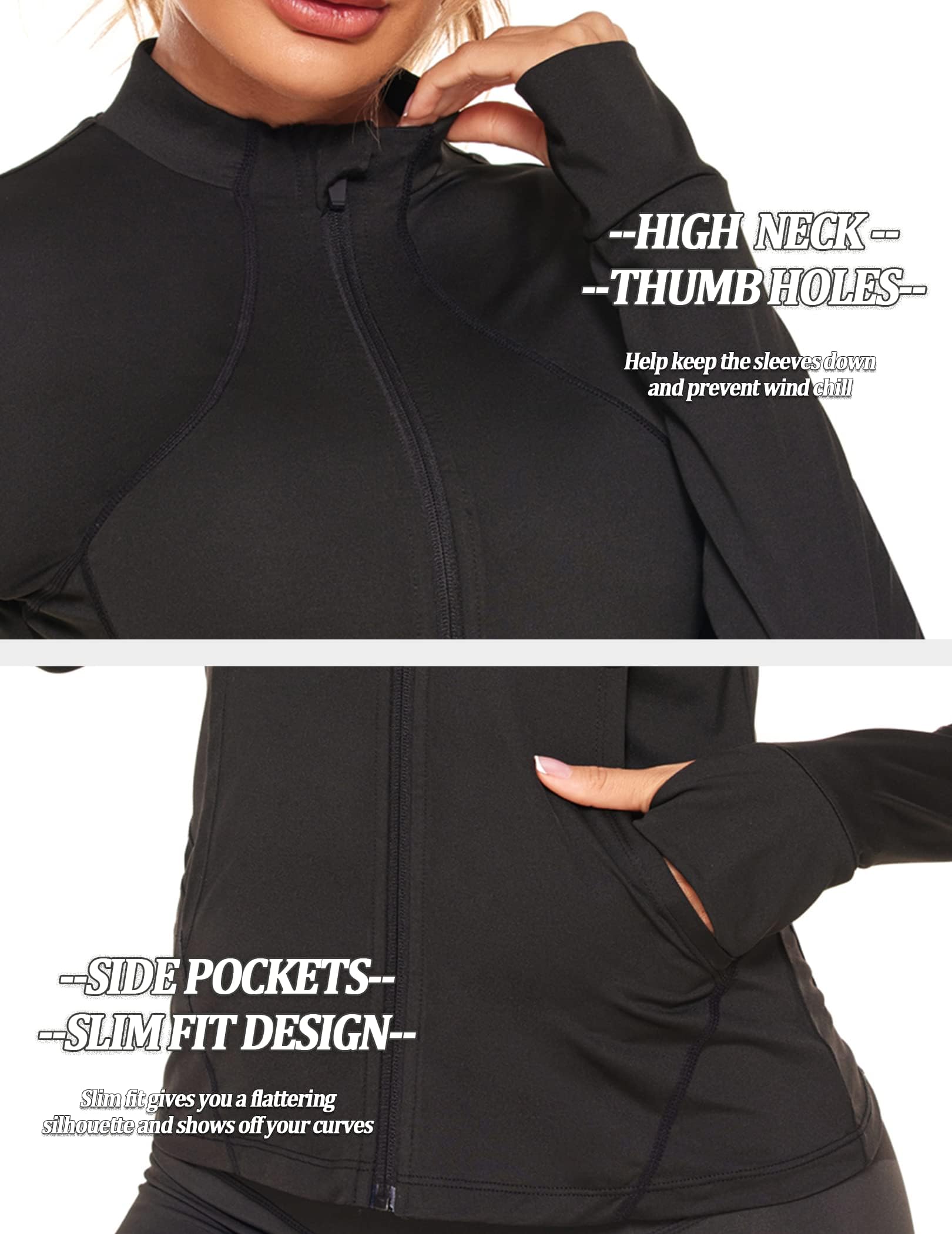 COOrun Women's Active Tennis Jacket with Thumb Holes Black Zip Up Running Track Jacket Black XXL