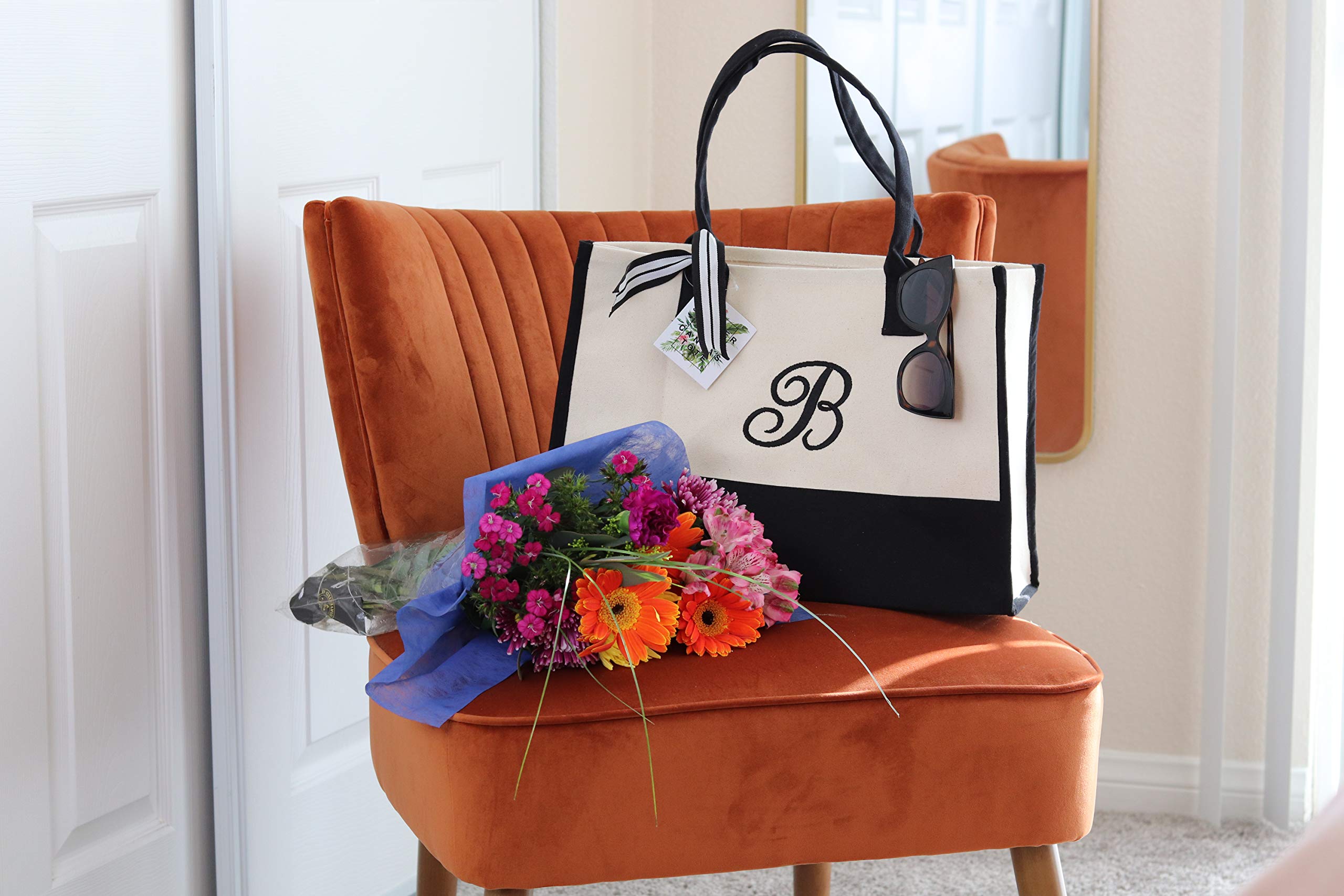VANESSA ROSELLA Monogram Tote Bag with 100% Cotton Canvas and a Chic Personalized Monogram (Black Script Letter - M)