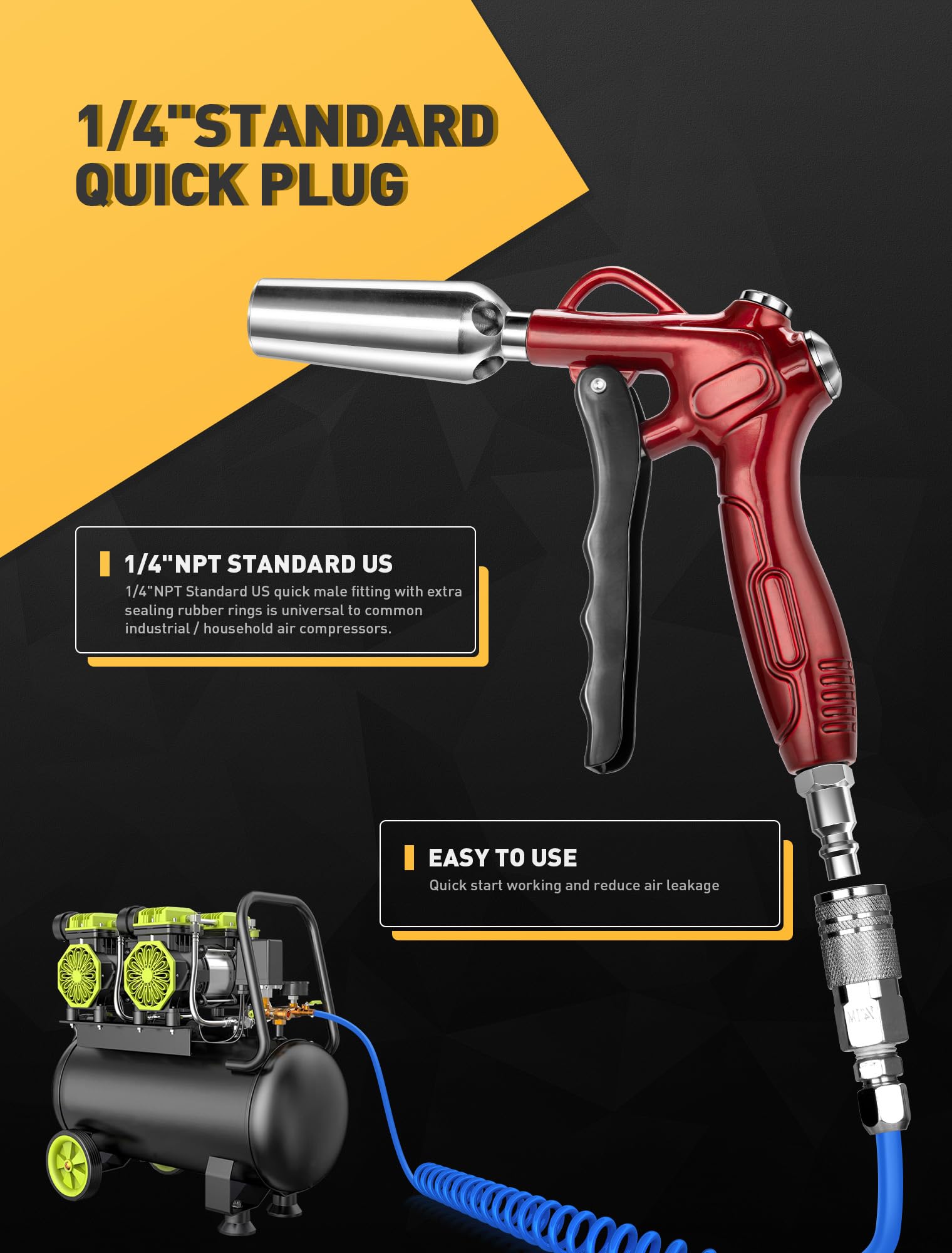 High Volume Air Blow Gun with Powerful Flow Nozzle, Retro Red Air Nozzle Blower Gun with 4.9" Stainless Steel Extension & 1/4'' Standard Quick Plug, Pneumatic Tool for Air Compressor Accessories