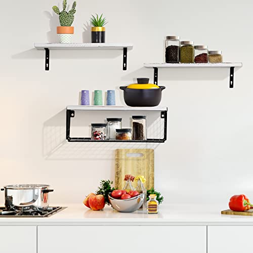Floating Shelf ,Floating Shelves Wall Mounted Set of 3 ,Solid Wood Floating Shelves with Brackets and Basket Set,Rustic Wood Wall Shelves for Kitchen Living Room,Bedroom Shelves,Bathroom Shelf (White)