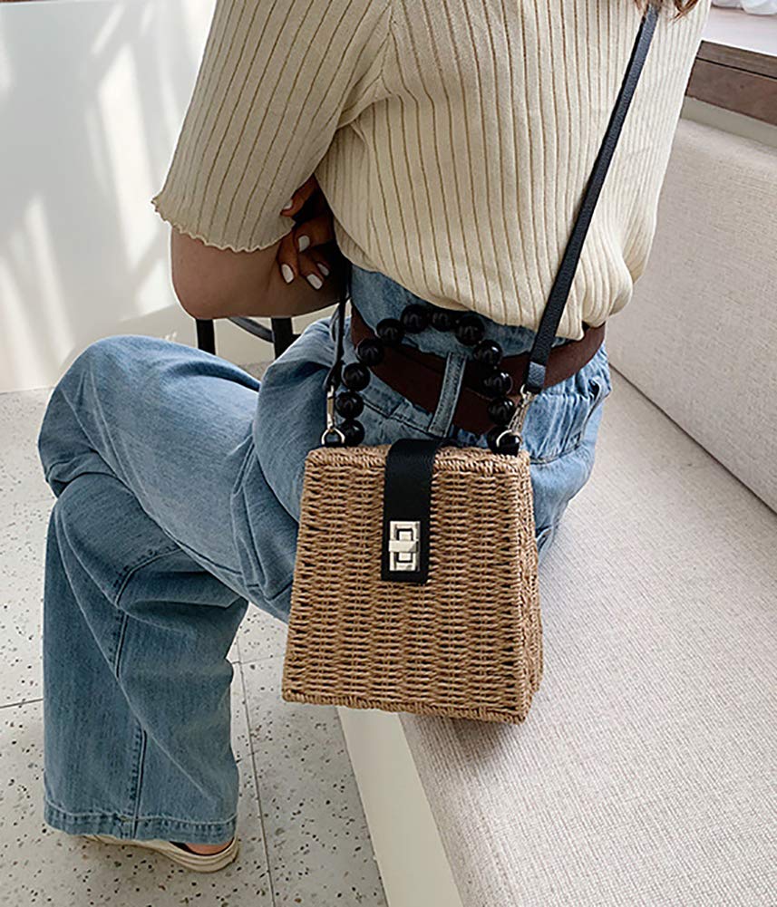 QZUnique Straw Bucket Bags for Women Top Handle Drawstring Woven Handbag Shoulder Bag Summer Beach Purses with Bamboo Handle