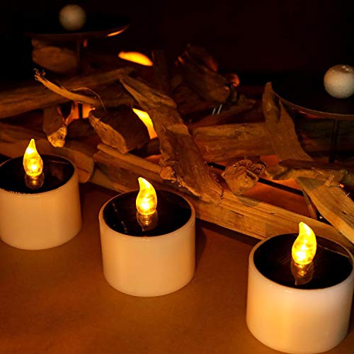 Decorman Solar Tea Lights, 8 Pack Flameless Rechargeable Amber Warm White Flickering LED Candle Lights, Waterproof Lantern Tealight for Home Wedding Garden Yard Pathway