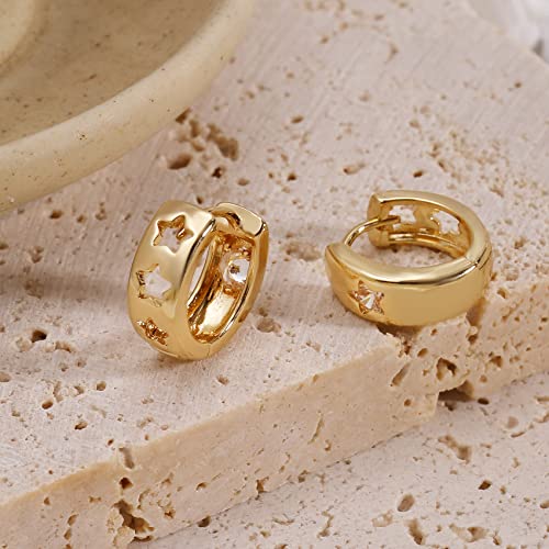 CONRAN KREMIX Small Thick Gold Chunky Hoop Earrings Star Cubic Zircon Lightweight Hoops For Women