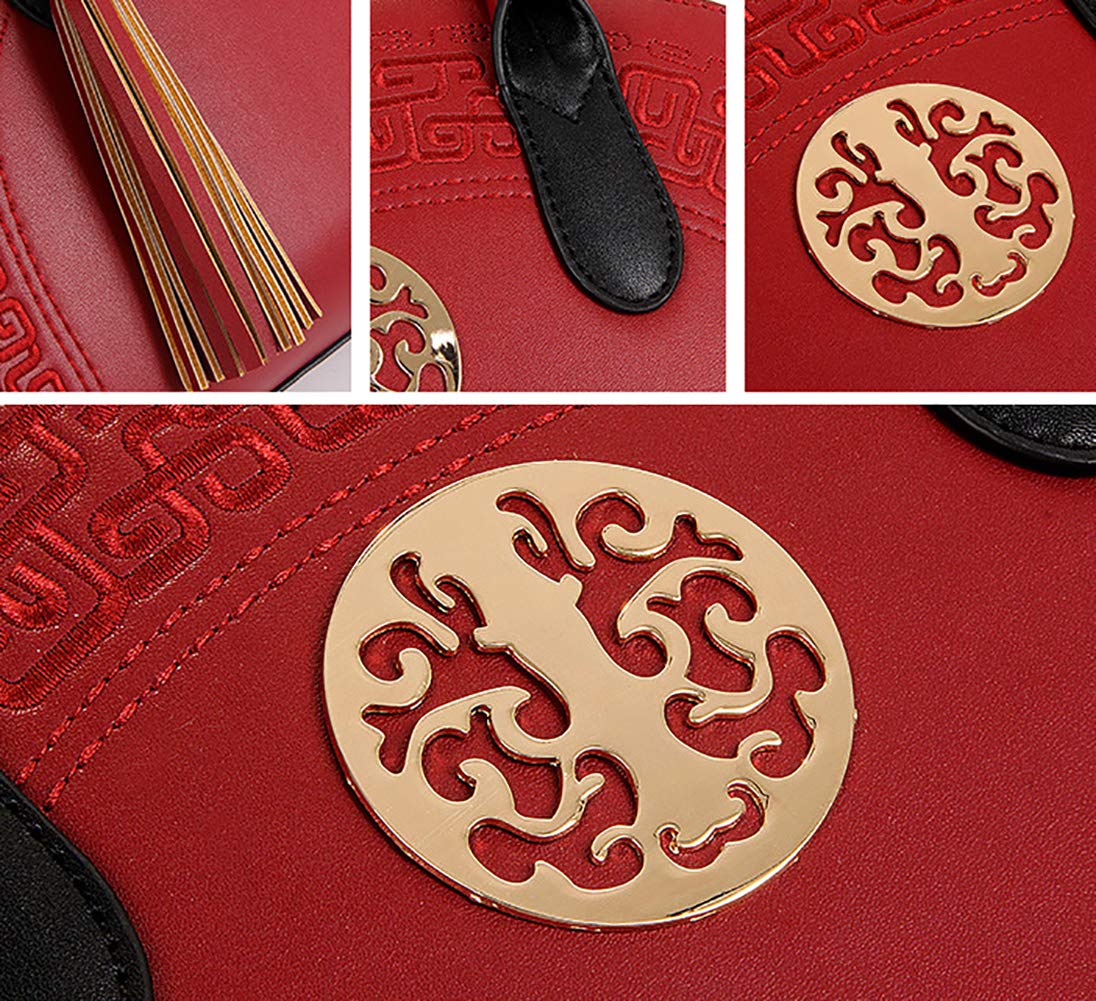 QZUnique Women's PU Embroidery Tassels Ethnic Style Handbag Bride Bag Crossbody Shoulder Bag Red