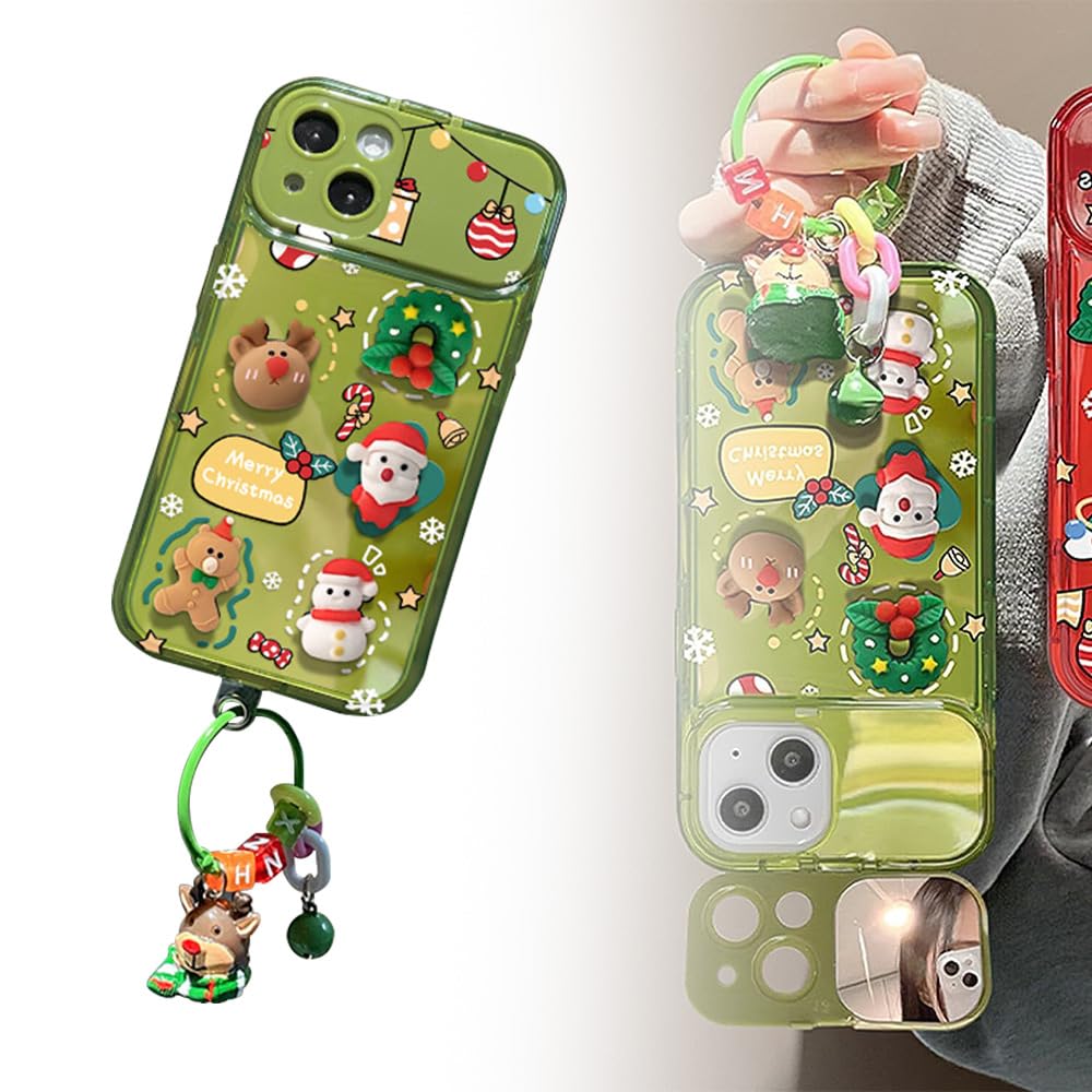Christmas Tree Pendant Flip Mirror Case Cover for iPhone, 2023 New Christmas Tree Phone Case with Pendant for iPhone 13/14/15 (Green, for iPhone 13 Pro Max)