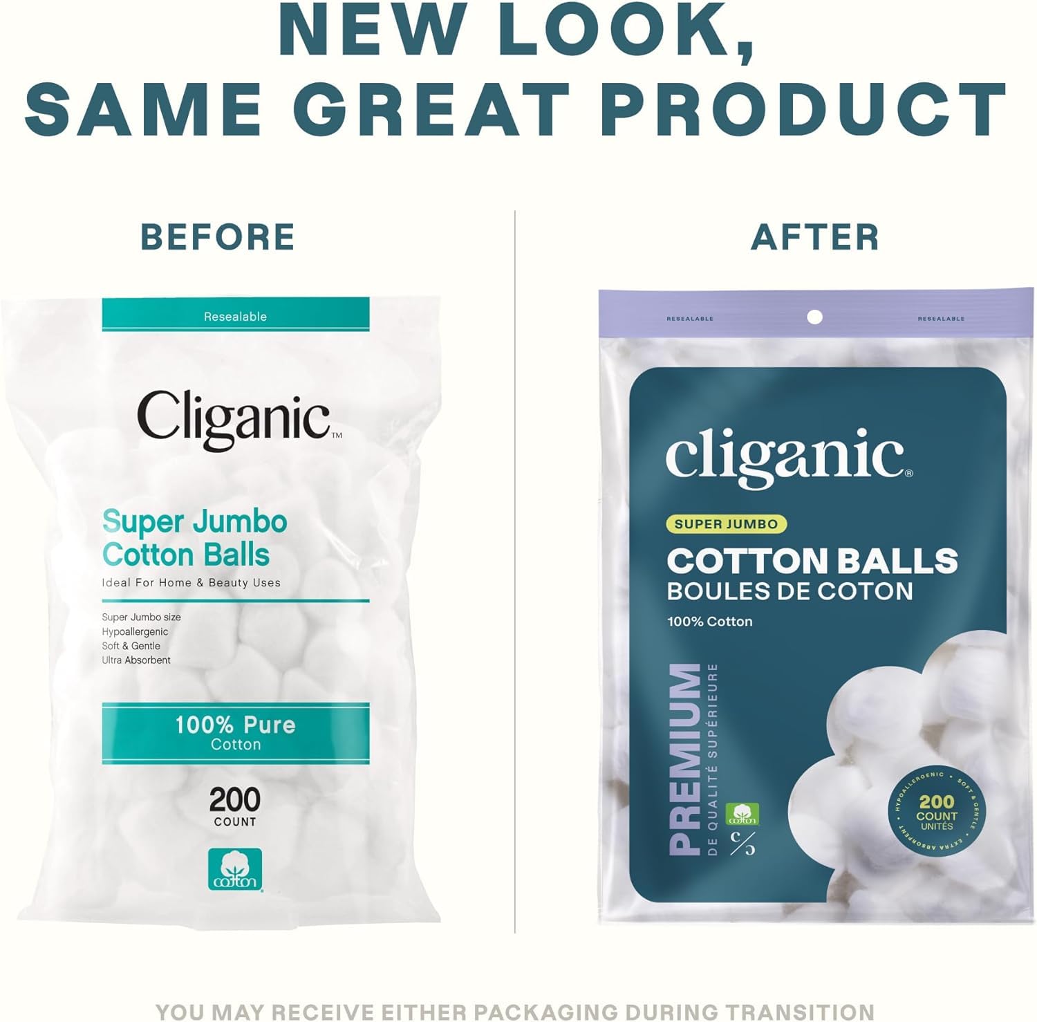 Cliganic Super Jumbo Cotton Balls (200 Count) - Hypoallergenic, Absorbent, Large Size, 100% Pure (Packaging May Vary)