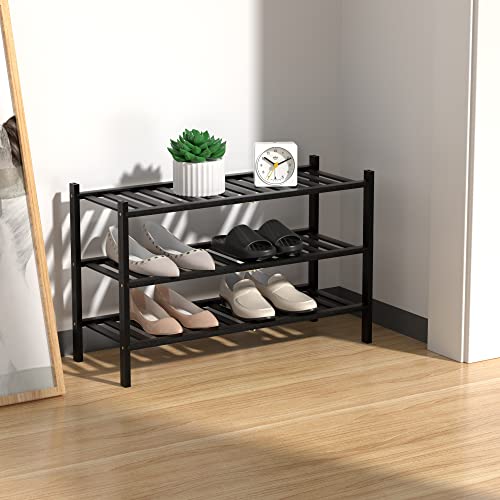 RONGJIA 3-Tier Natural Bamboo Shoe Rack - Stackable Storage Shelf with Multi-Function Combinations - Free Standing Shoe Racks for Convenient Shoe Organization(Black) 11" D x 27" W x 20" H