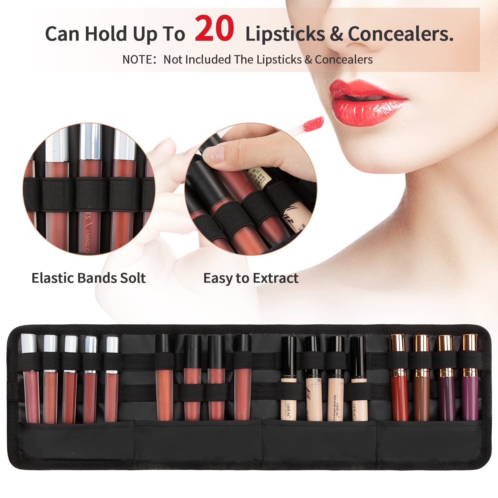 CUBETASTIC Lipstick Organizer - 20 Slots, Portable Lipstick Bag, Travel Lipstick Holder with Elastic Bands, Cosmetic Makeup Storage Bag for Liquid Lipstick Tube - Lipstick Not Included