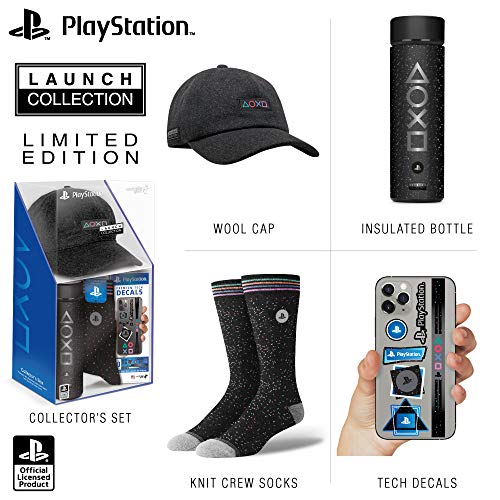 Controller Gear Official Sony PlayStation 5 Launch Collection Merchandise Bundle - Wide Mouth Stainless Steel Water Bottle, PS5 Hat, Socks, Premium Tech Decals Gift Set - PlayStation 5