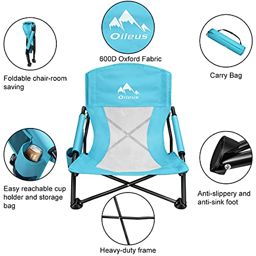 Oileus Low Beach Chair for Beach Tent & Shelter & Camping | Outdoor Ultralight Backpacking Folding Recliner Chairs with Cup Holder and Storage Bag, Carry Bag, Breeze Mesh Back, Compact Duty Blue 1 Pcs
