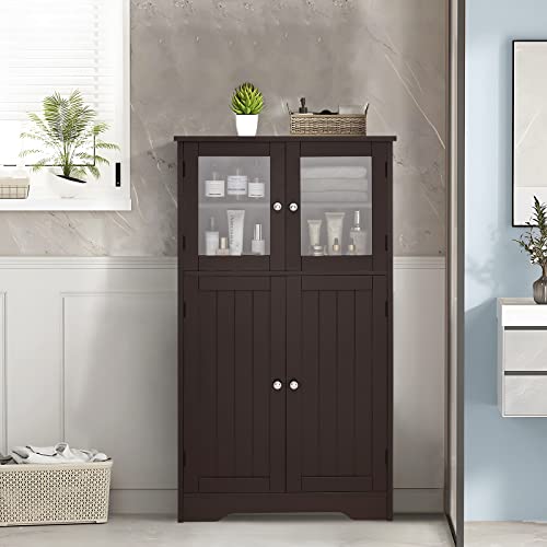 Iwell Bathroom Storage Cabinet, Linen Cabinet with Glass Doors & Adjustable Shelf, Freestanding Storage Organizer for Living Room, Home Office, Bathroom, Brown