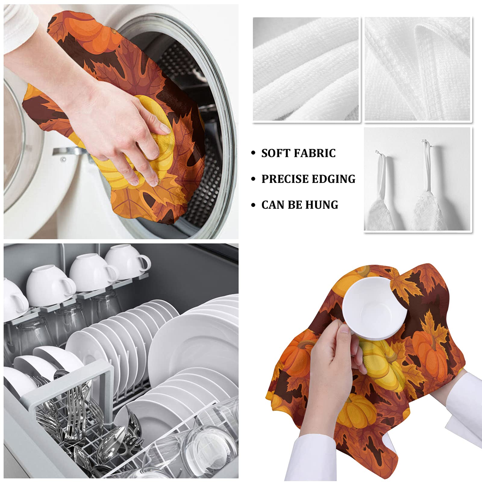 DuoPhi Fall Kitchen Towels Set Harvest Orange Pumpkin Maple Leaves Dish Towel Happy Thanksgiving Day It's Y'all Dishcloths 2 Pack,18x28 Inches Absorbent Soft Cotton Cloths Bar & Tea