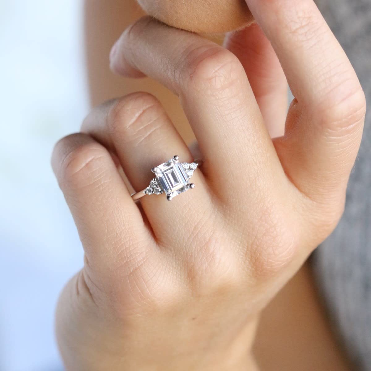 Diamond Nexus Moissanite Muse Emerald Cut Engagement Ring 1 Ct. DEW Center Emerald Cut Wedding Jewelry, F-G Color, VVS 1 Clarity, Solid 14K White Gold, Ring Size 4