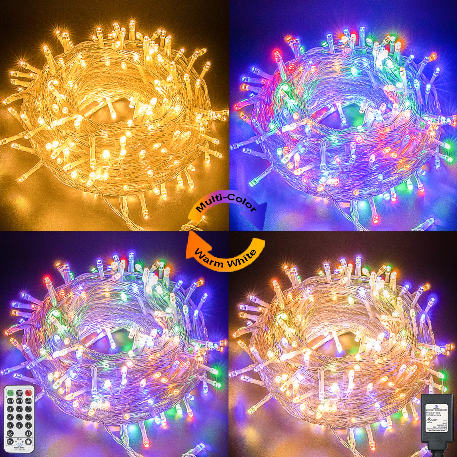 Decute Colors Changing Christmas Tree Lights 4 Colors in 1 String Lights, 11 Modes 300Leds 108FT Extendable Waterproof Indoor Outdoor Fairy Lights Warm White & Multicolor with Timer Remote