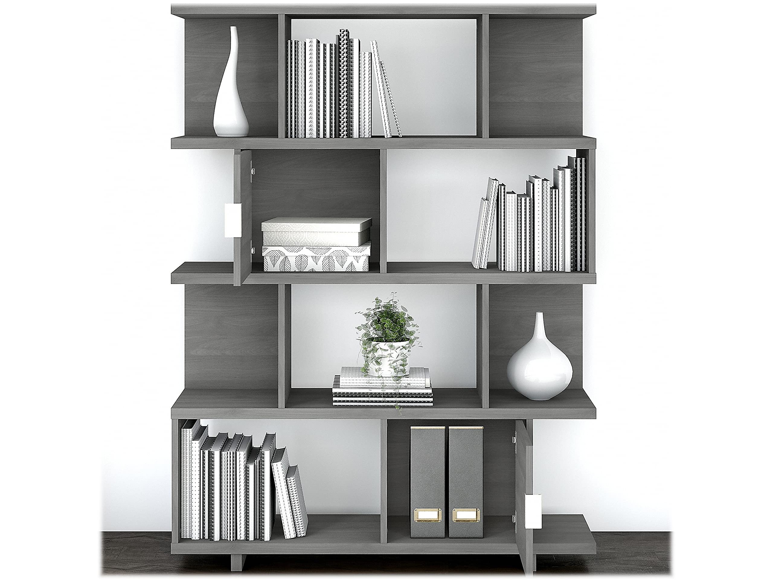 Bush Furniture Madison Avenue Large Geometric Etagere Bookcase with Doors in Modern Gray
