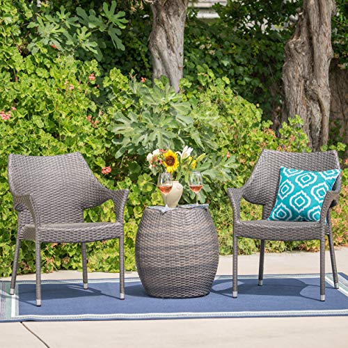 Christopher Knight Home Pierce Outdoor Wicker Stacking Chair Chat Set, 3-Pcs Set, Grey