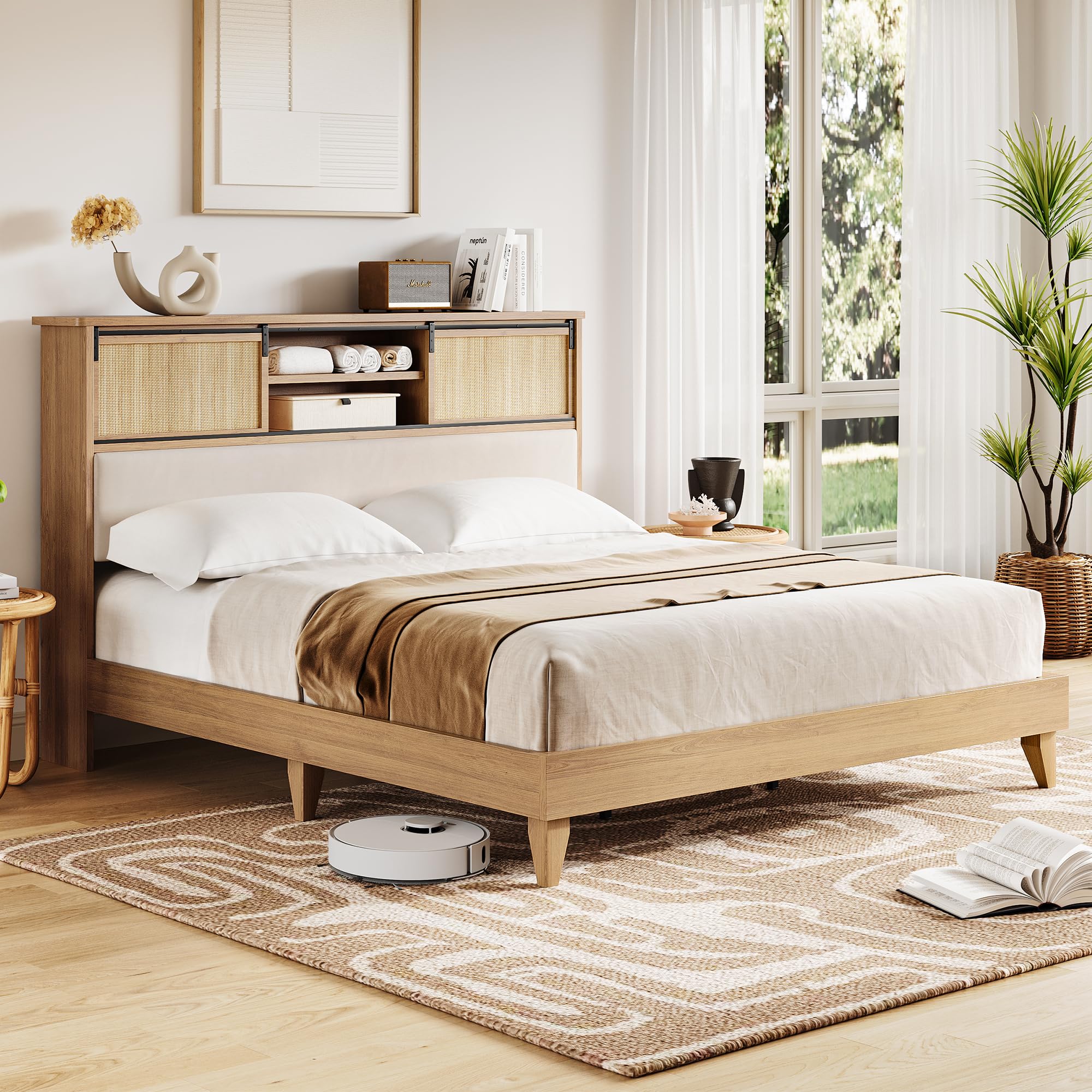 GAOMON Rattan King Bed Frame with Headboard & Storage Shelves, Boho Rattan Bed Frame King Size, Solid Wooden Bed Foundation with Sliding Door Shelf, Noise-Free, No Box Spring Needed & Easy Assemble