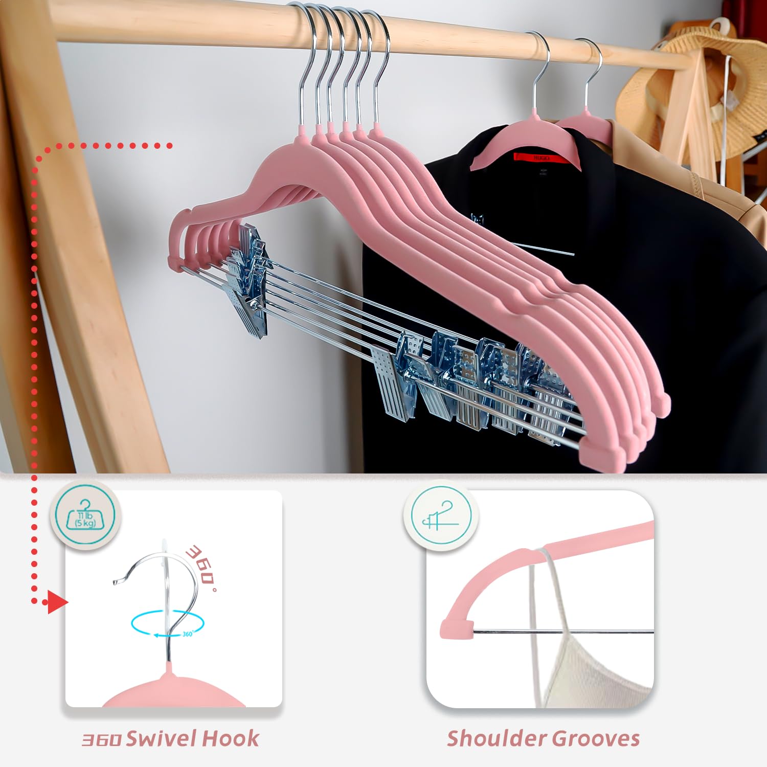 ManGotree Trouser Hangers with Movable Clips, Non-Slip Velvet Clothes Hangers, Space-Saving Skirt Hangers for Shirts, Pants, Dresses, Skirts, Coats (18 Pack, Pink)