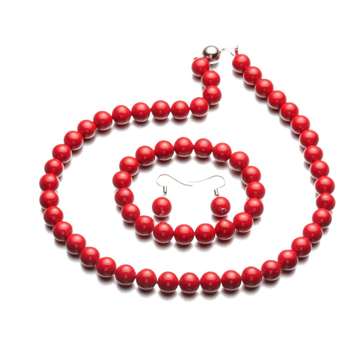 LUREME Fashion Style Pearl Elastic Necklace Bracelet Dangle Earring Set-Red(09000649-7)
