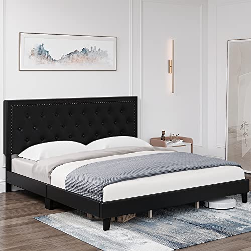 Homhougo Full Size Bed Frame with Adjustable Headboard, Upholstered Platform Bed with Button Tufted Faux Leather Headboard, Wood Slat Support, Noise-Free, No Box Spring Needed, Easy Assembly, Black