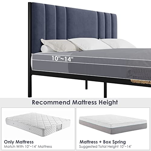 Homhougo Twin Bed Frame, Platform Bed Frame with Velvet Headboard, Heavy Duty Metal Bed Frame with 15 Strong Slats Support, Box Spring Optional, Easy Assembly, Grey
